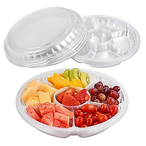 10 Pack Round Appetizer Serving Trays with Lids, 10 Inch Clear Plastic Veggie Fruit Snack Vegetable Food Serving Platters, Disposable Compartments 6 Sectional Catering Trays for Party and Buffet