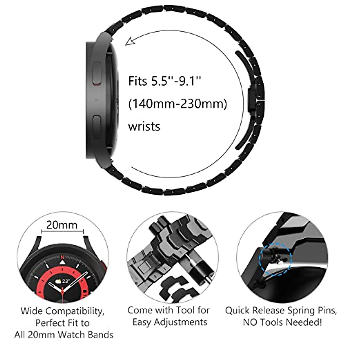 WINGLE for Galaxy Watch 5 Band Pro 45mm 44mm, Galaxy Watch 6 Band Classic 47mm 43mm 44mm 40mm, Samsung Galaxy Watch 4 Band Classic 46mm 42mm for Men Galaxy Watch 3/Gear S2 20mm Metal Bands, Black