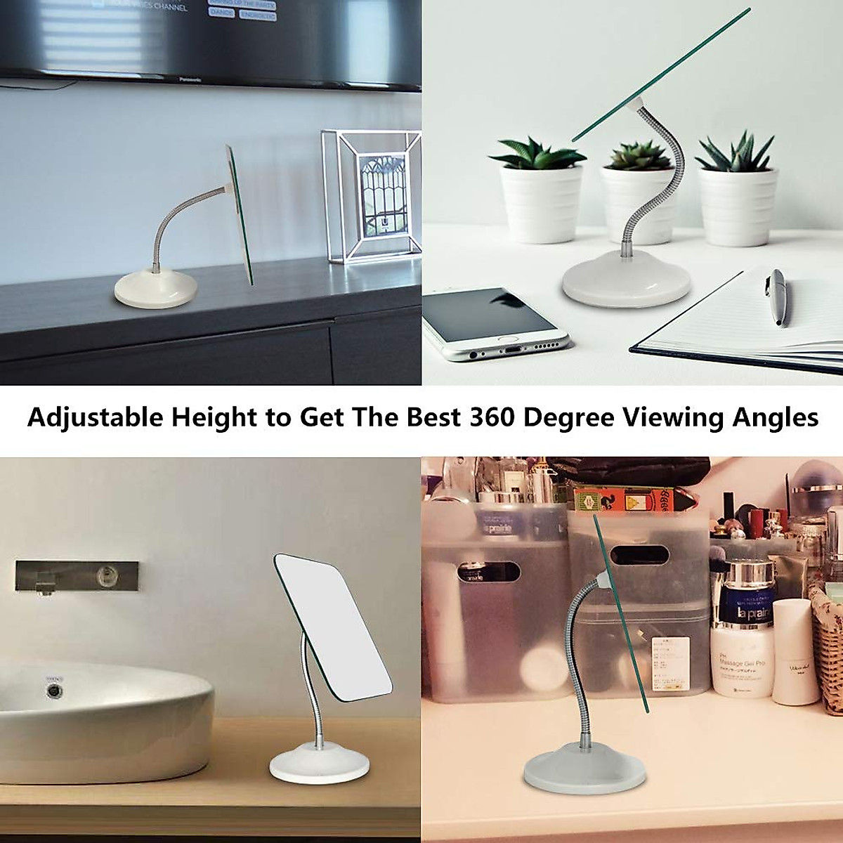 YEAKE Adjustable Flexible Gooseneck Makeup Mirror,360°Rotation Folding Portable Desk Vanity Mirror with Stand Shower Shaving Cosmetic Mirror Round Large