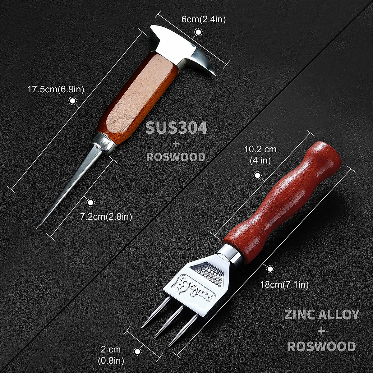 Stainless Steel Ice Pick Set, 7.2 Inch Ice Crusher and 6.8 Inch Dual-action Ice Chisel with Wood Handle, Japanese Style Ice Chipper，ideal for Kitchen, Bars, Bartender（2 Pick）