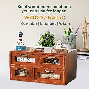 Store and Display Wooden Desk Top Organizer Cabinet - Mahogany Wood Display Chest with 4 See-Through Drawers - Additional Storage for Work Table, Vanity, Dresser Shelf or Kitchen Counter
