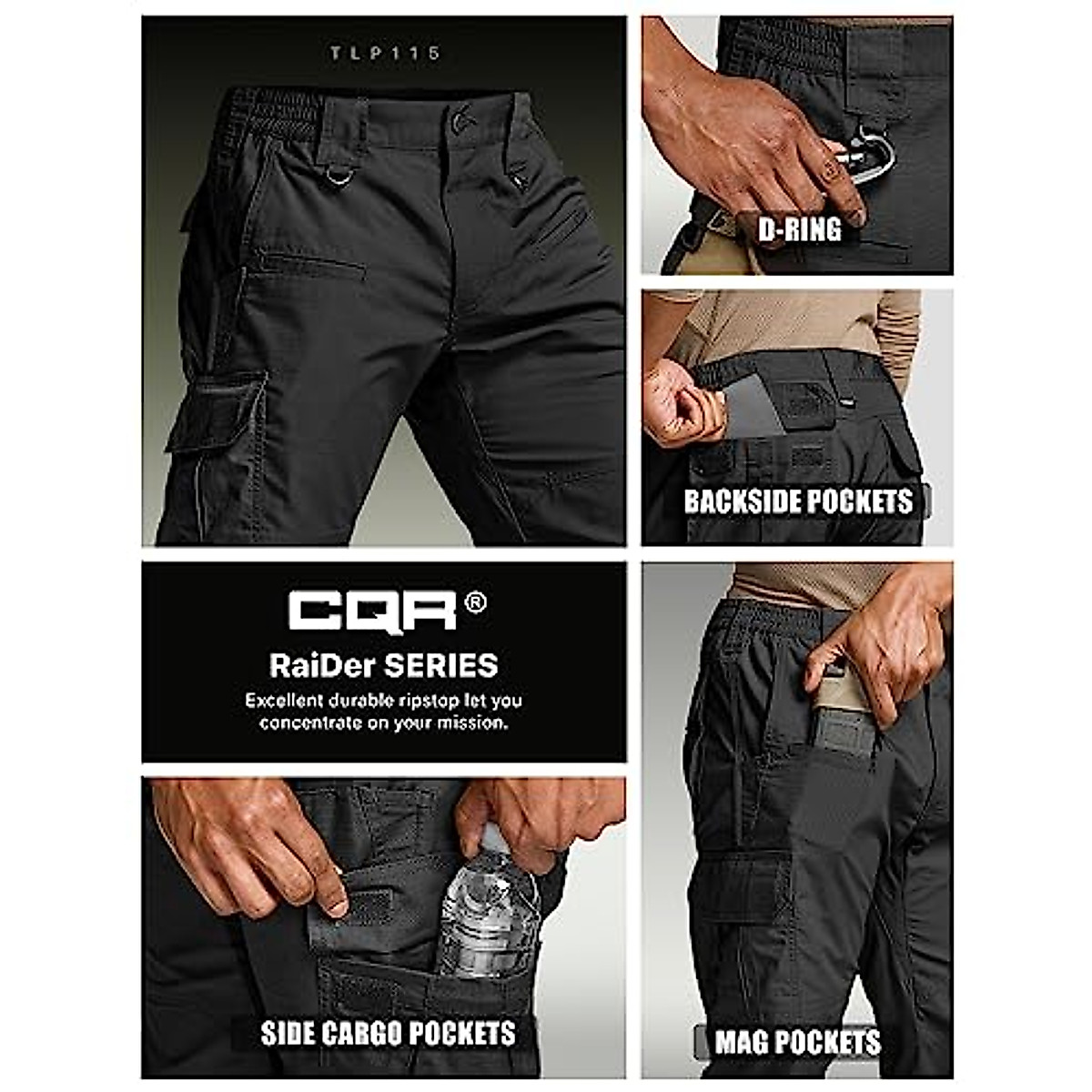 CQR Men's Tactical Pants, Water Resistant Ripstop Cargo Pants, Lightweight EDC Work Hiking Pants, Outdoor Apparel, Duratex Black, 46W x 30L