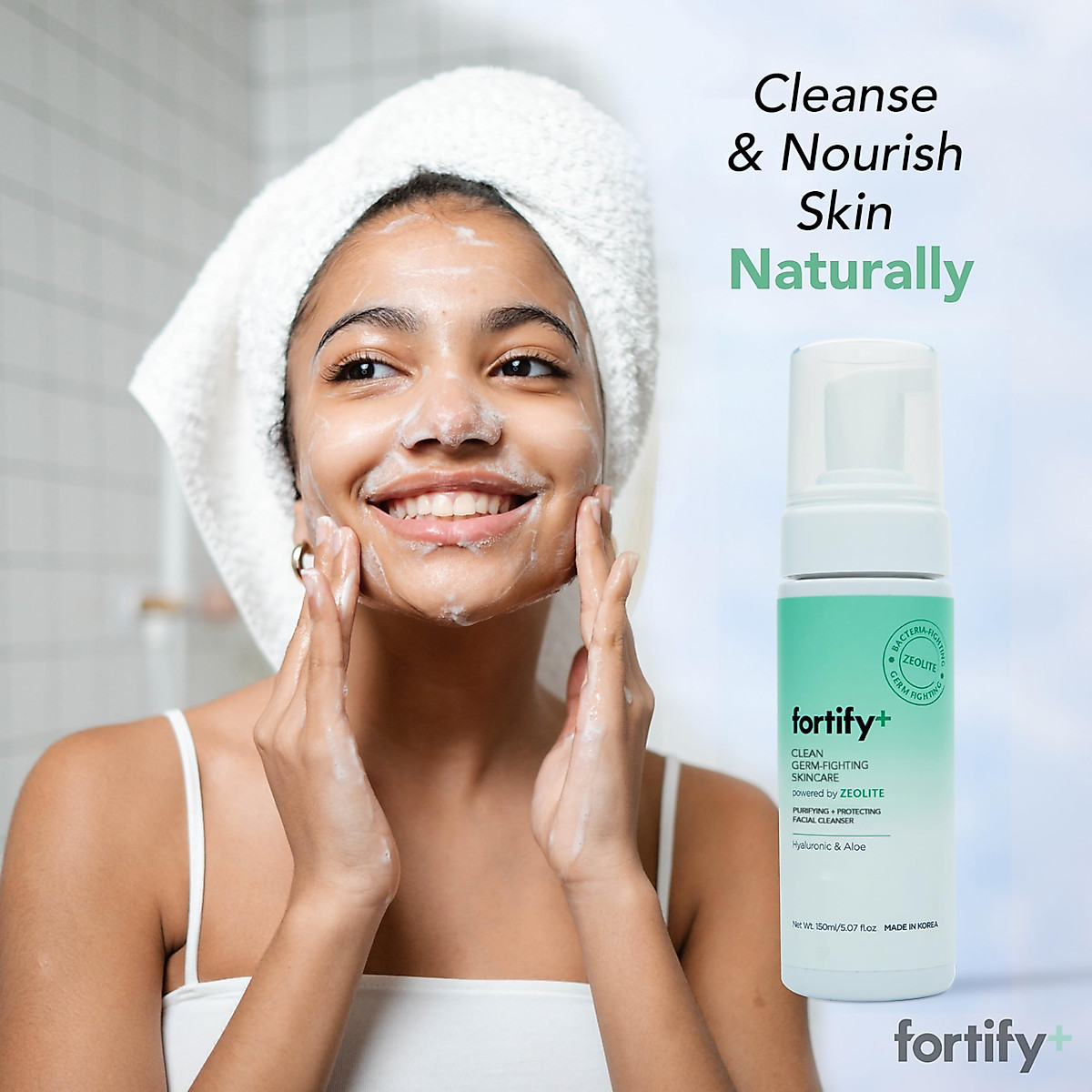 Fortify Skincare 9-in-1 Korean Foaming Facial Cleanser with Hyaluronic Acid & Aloe - Deep Purifying Face Wash - Derm-Tested, Vegan, Clean Beauty, All Skin Types - Fragrance-Free - 150ML/5.07Fl.Oz