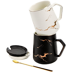 ZENFUN 2 Pack Ceramic Coffee Mugs with Gift Box, 13.5 Oz Porcelain Mugs Set with Lid and Gold Spoon, Luxury Marbling Black and White Couple Mugs Gift, Valentine's, Office and Home, Mother's Day