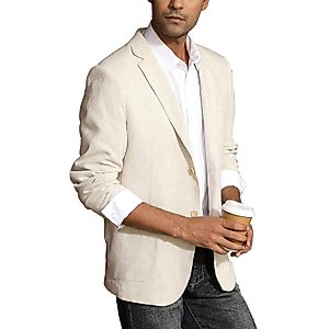 Mens Sport Coat Slim Fit Casual Jackets Two Button Linen Blazer Business Khaki XXL