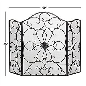 Deco 79 Metal Scroll Foldable Mesh Netting 3 Panel Fireplace Screen, 48" x 1" x 38", Brown