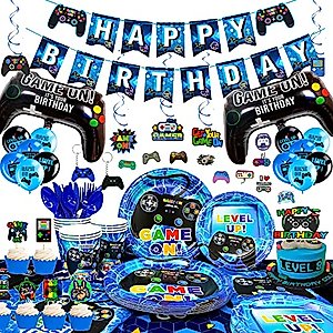 213pcs Video Gamer Birthday Party Decorations & Video Game Party Tableware Supplies Set - Video Game Party Plates Cups Napkins Tablecloth Banner Balloons etc Game Themed Party Decorations for Boys