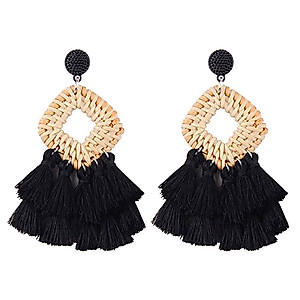 WFYOU Rattan Tassel Earrings for Women Bohemian Statement Handmade Woven Drop Dangle Earrings
