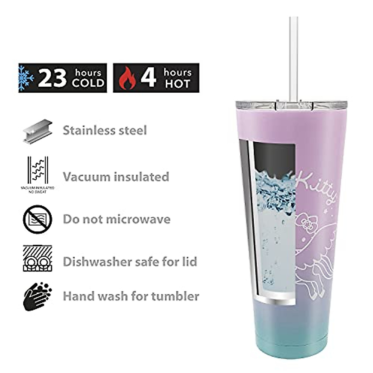 Zak Designs Sanrio Hello Kitty Vacuum Insulated Stainless Steel Travel Tumbler with Splash-Proof Lid, Includes Reusable Plastic Straw and Fits in Car Cup Holders (18/8 SS, 25 oz)