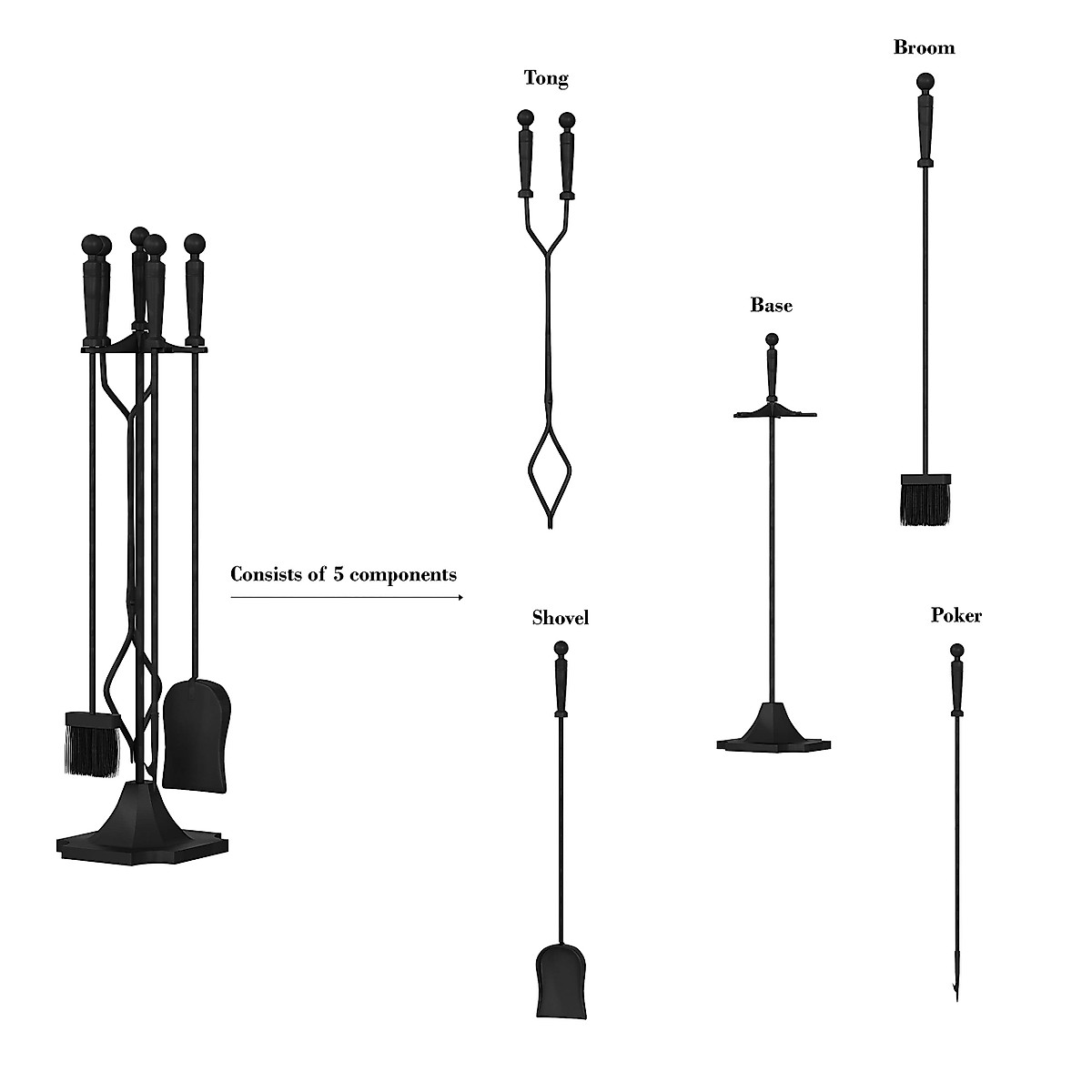 Lavish Home 5-Piece Fireplace Tools Set - Essential Heavy-Duty Accessories for Fireplaces - Includes Tongs, Shovel, Broom, Poker, and Stand