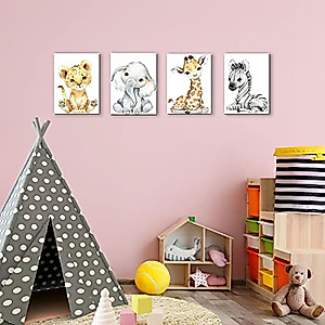 Kiddale Baby Watercolor Animals Wall Art Prints Set of 4 (8x10),Tiger Elephant Zebra Giraffe Safari Animals Pictures Nursery Decor Art,Stretched and Framed Ready to Hang