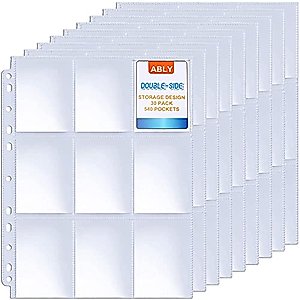 ABLY 540 Pockets Double-Sided Trading Card Pages Sleeves 9-Pocket Clear Plastic Game Card Protectors for Skylanders, Pokemon, Baseball Cards and More, Fit 3 Ring Binder (30 Pages)