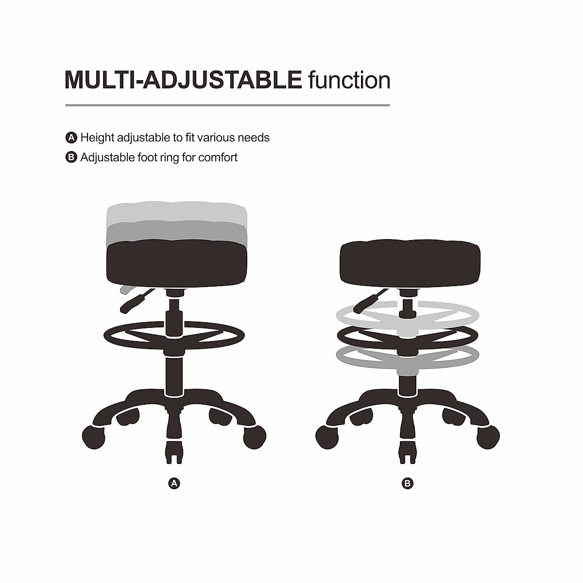 Kastele Height Adjustable Rolling Desk Stool Swivel Chair with Casters Heavy Duty for Salon, Spa, Massage,Tattoo,Esthetician,Shop,Kitchen (No Backrest with Casters, Black)