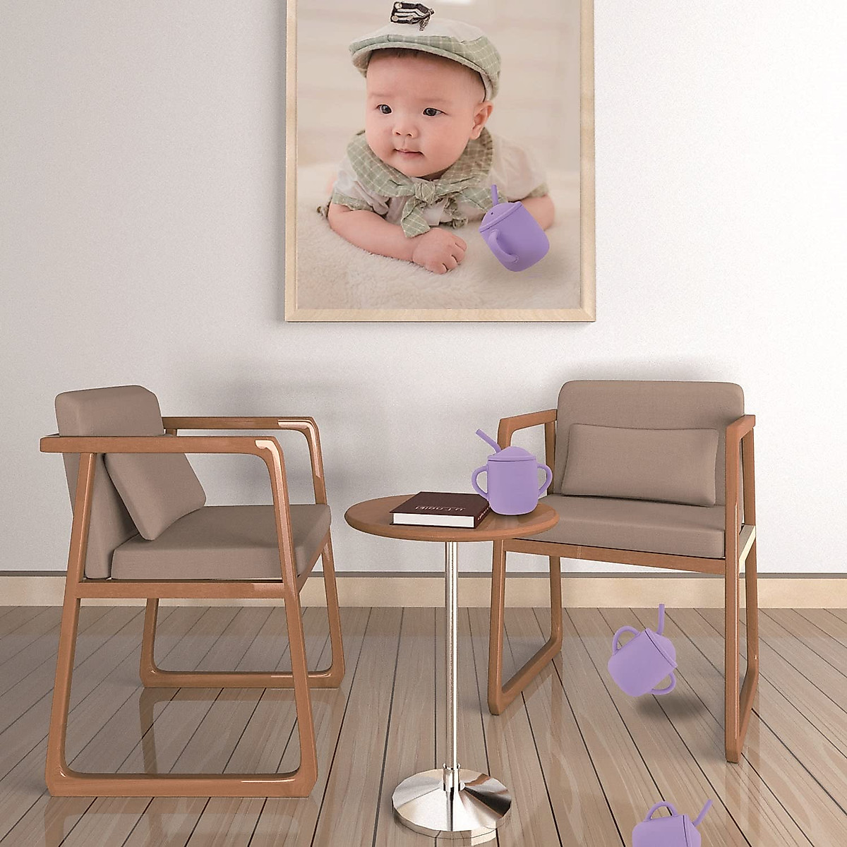 Linshuma Silicone Baby Training Cup, Toddler Straw Sippy Cup, Kids trainer Cup Spill & Non-Slip with 2 Handles BPA Free, Open Cup for 6 months+ Babies Cute 150ML Purple