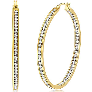 Large Gold Stainless Steel Hoop Earrings for Women, Big Cubic Zirconia Hoops ARSKRO Hypoallergenic Huge Rhinestone Crystal 50mm 2 inch Ear Ring Jewelry Gifts for Women Girlfriends Sensitive Ears