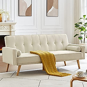 MWrouqfur Modern Fabric Sofa Bed Futon,Convertible Sleeper Loveseat with 2 Pillows and Armrests,75' Folding Recliner Couch Bed with Solid Wood Legs for Living Room Apartments Office (Beige), (0513)