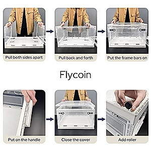 Flycoin Storage Bins with Lids,Large Organization and Storage with Wheels,Double Doors Plastic Foldable Box, Clear Stackable Closet Storage Bins, Toy Storage,Plastic Storage Cubes Cart