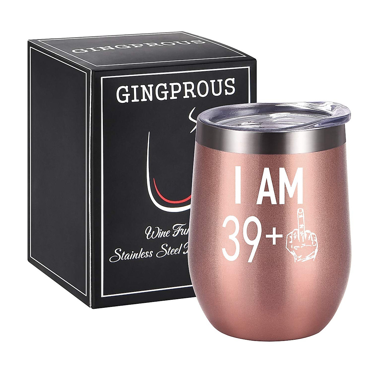 39 Plus One Middle Finger Wine Tumbler, 40th Birthday Gifts for Women Men, Wine Tumbler with Saying Funny Gifts Idea for Wife Mom Friends Coworkers, 12 Oz Insulated Wine Tumbler Glasses, Rose Gold