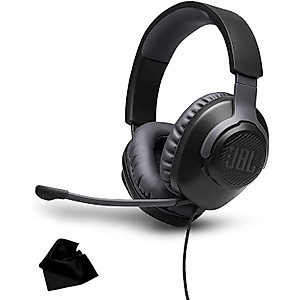 JBL Quantum 100 Over-Ear Surround Sound Gaming Headphones Bundle with Deluxe CCI Cleaning Cloth (Black)
