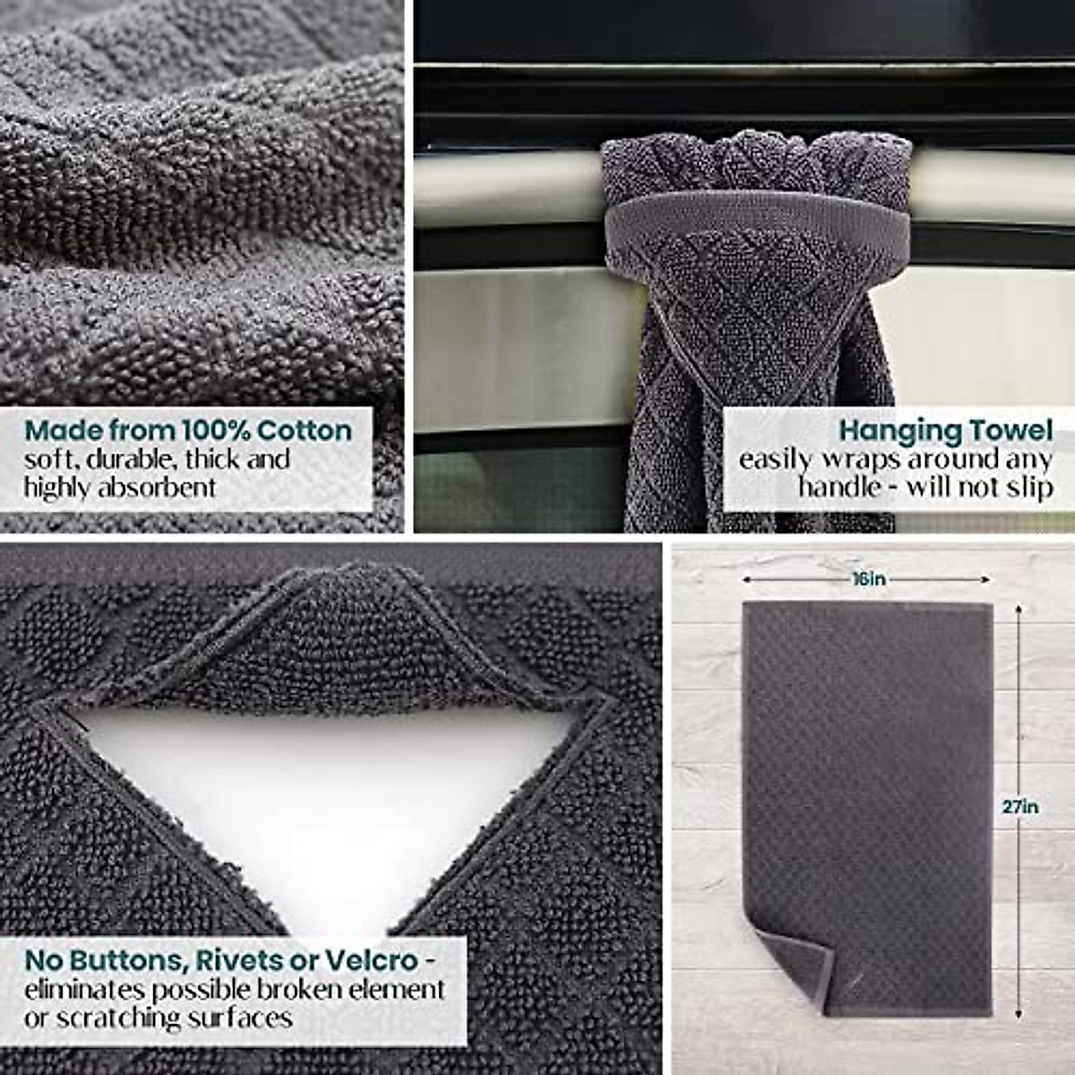 Grey Hand Towels with Hanging Loops - Set of 2 Gray Kitchen Towels, Hanging Kitchen Towels with Hanging Loop, Grey Dish Towels with Loops for Hanging, Oven Towel Loop Without Buttons or Snaps (Long)