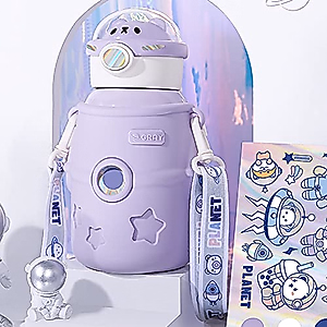 JQWSVE Kawaii Water Bottle Cute Stainless Steel with Straw and Stickers, Vacuum Insulated Cartoon Astronaut Thermos Carrier Holder for Boys Girls (500ml) Purple