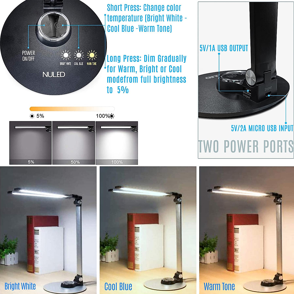 NUNET LED Desk Lamps for Home Office,Piano Lamp for Upright Piano,Rotatable Aluminum Desk Lamps with USB Charging Port,Eye-Caring Reading Light/3 Lighting Modes/Brightness Adjustable Lamp,Black