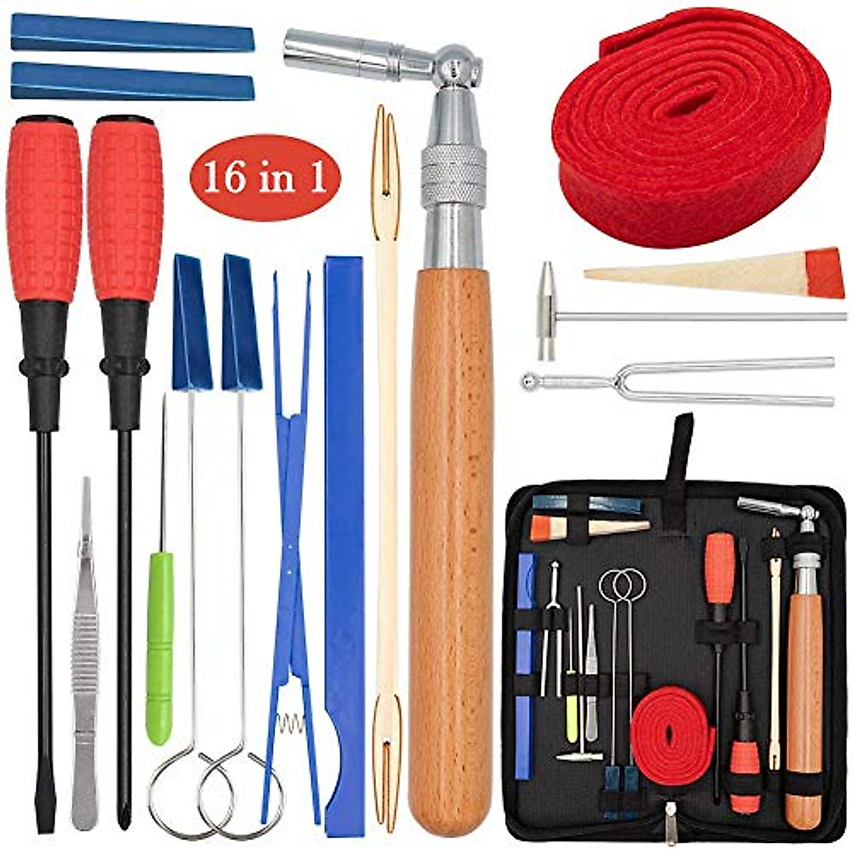 Piano Tuning Kit,YZNlife Professional 16 pcs Piano Tuner Tools Including Tune Hammer Lever Felt, Mutes, Fork,Tuning Wrench,Temperament Strip,Piano Repairing Accessories