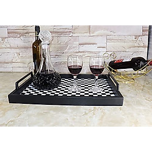MCBZ Living Room Bedroom Decorative Tray, Coffee Table Kitchen Serving Tray, PU Leather Tray with Metal Handle 16.5 x 12.6 inches (Black and White Grid)