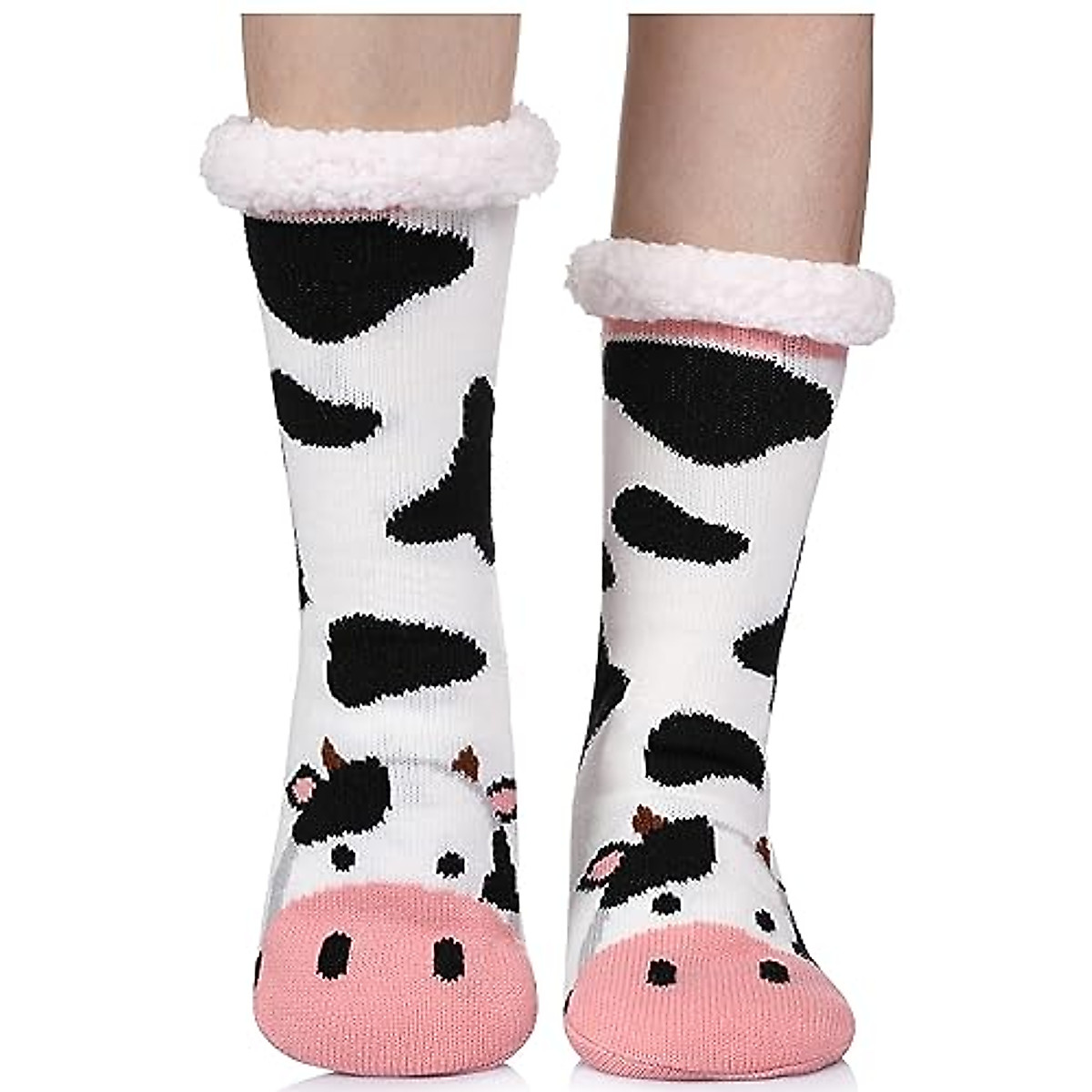 TRUEHAN Slipper Socks for Womens with Grippers Non Slip Winter Warm Fuzzy Fluffy Home Socks (White Cow)