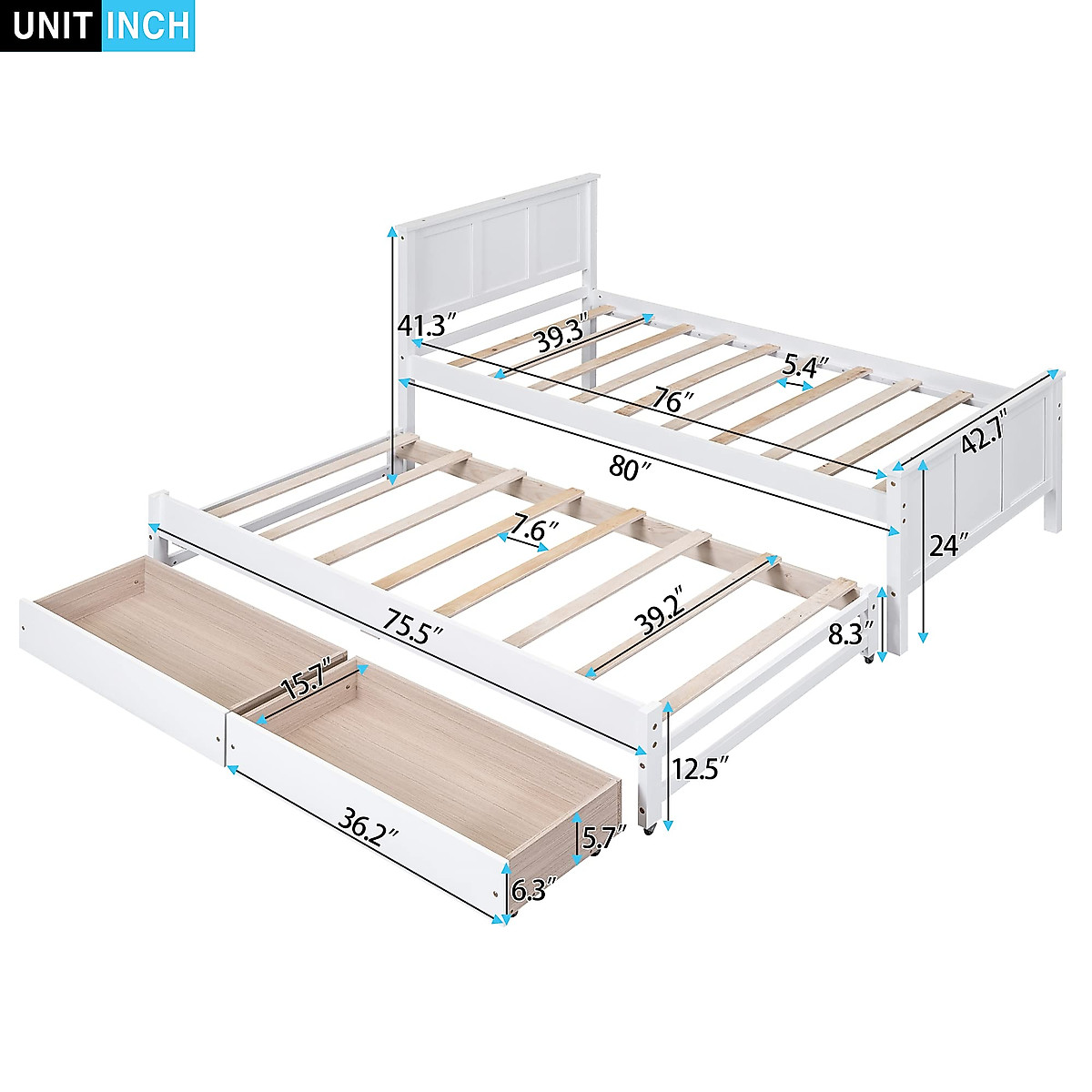CITYLIGHT Twin Bed with Trundle and Storage, Wood Twin Size Platform Bed Frame with Trundle and Drawers, Space-Saving Twin Size Bed for Kids, Boys, Girls (Twin,White)