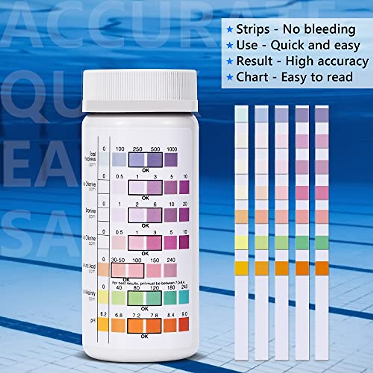 Pool Test Strips 7 in 1, 100 ct Spa Test Strips for Hot Tub Water, Pool Test Strips for Inground Pool, Testing Hardness, Free Chlorine, Bromine, Total Chlorine, Cyanuric Acid, Total Alkalinity, pH