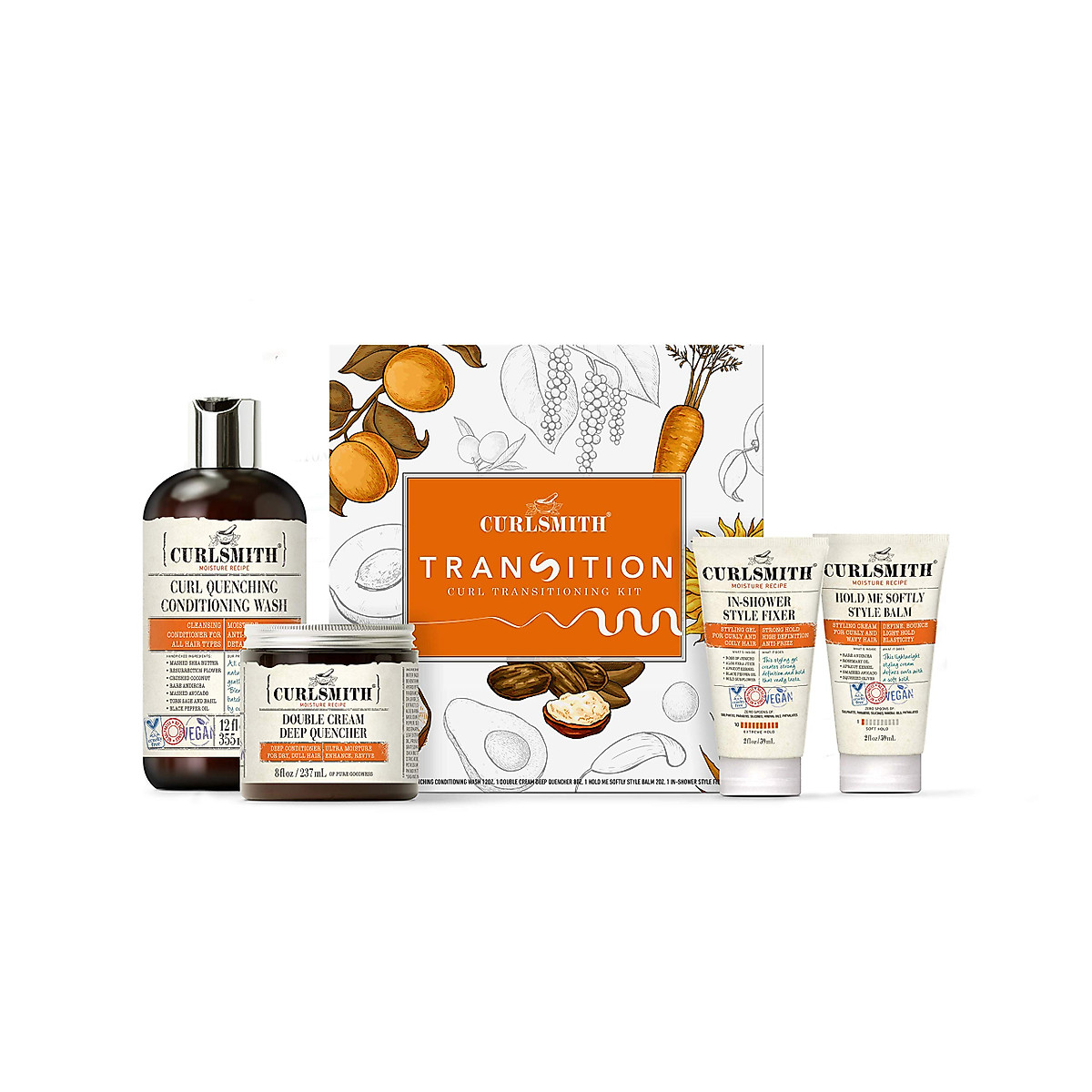 CURLSMITH - Transition Kit - Vegan Haircare Kit for Dry, Wavy, Curly or Coily Hair (1 x 12oz, 1 x 8oz, 2 x 2oz)