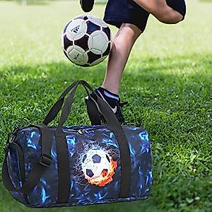 Kids Duffle Bag Boys Girls Overnighter Travel Sport Gym Bag Weekender Carry On Shoulder Bag with Shoe Compartment & Wet Pocket (Football Black Blue)