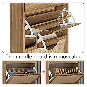 SSLine Shoe Cabinet with 2 Flip Down Storage Shelves and Drawer Free-Standing Shoe Rack Rustic Walnut Wood Shoe Storage Organizer with Unique Rattan Door for Entryway Hallway Doorway Small Space