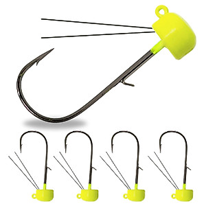 Reaction Tackle Tungsten Mushroom Head Ned Rig Shroom Jig Heads for Finesse Fishing, Weedless Jig Head for Bass Fishing with Soft Lures (5-Pack) 1/5oz Chartreuse weedless