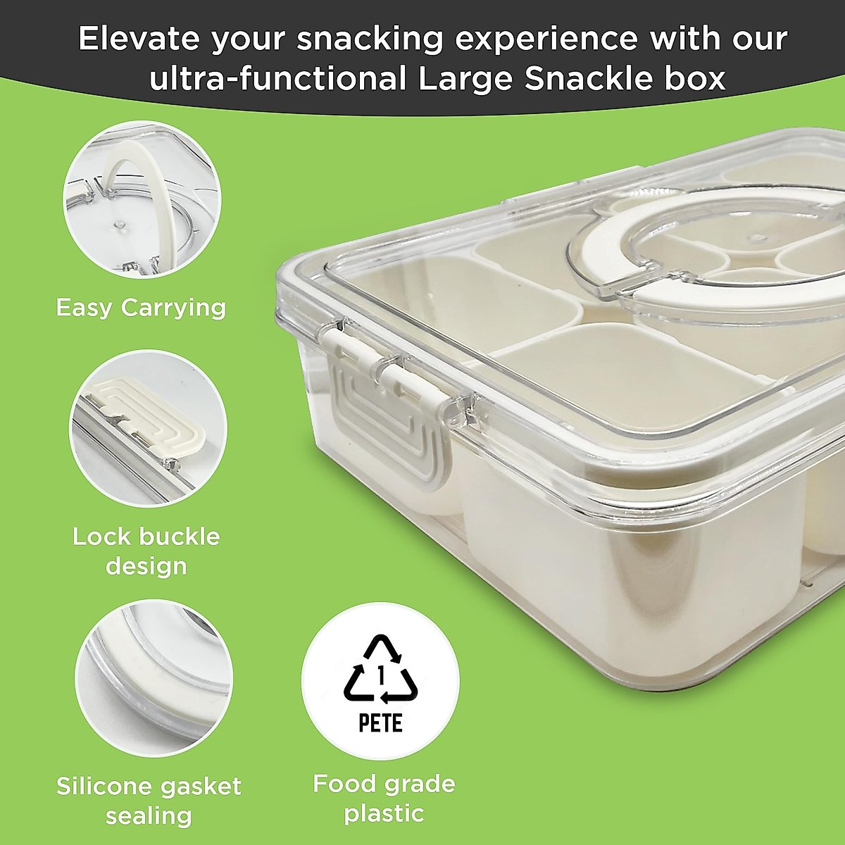 SnapWave Snackle Box Container - Snack Box Container - Snackle Box - Divided Serving Tray with Lid - Snack Tray - Snack Boxes - Snack Tray with Lid - Snacklebox - Snackle box Charcuterie Container
