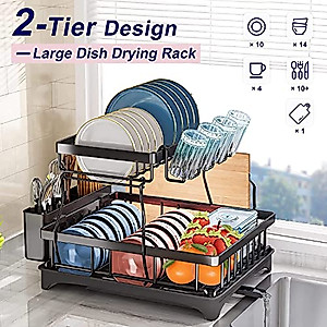 etship Dish Drying Rack with Drainboard Set, Stainless Steel 2 Tier Large Dish Racks for Kitchen Counter, Dish Drainer with Utensil Holder, Dish Strainers with Extra Drying Mat (Black)
