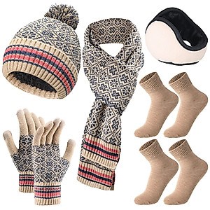 5 in 1 Women Soft Warm Thick Cable Knitted Beanie Hat Scarf Gloves Socks Earmuff Set Thickened Lining Cap Touchscreen Gloves (Beige, Khaki)