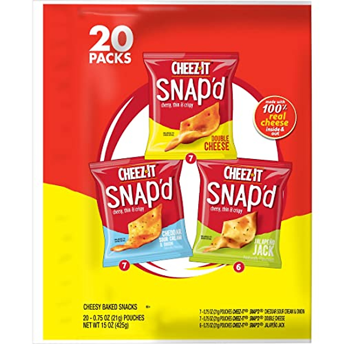 Cheez-It Snap'd Cheese Cracker Chips, Thin Crisps, Lunch Snacks, Variety Pack, 15oz Bag (20 Packs)