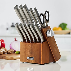 Kitchen Knife Set, Hanmaster 13 Pieces Stainless Steel Knife Sets for Kitchen with Block, Acacia Wood Knife Block Set with Sharpener, Gift Box Packed, Silver.