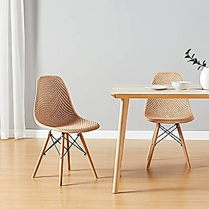 CangLong Dining Mid Century Modern Hollow Back Design Plastic Shell Armless Side Chair with Beech Wood Legs, Set of 2, Beige 1
