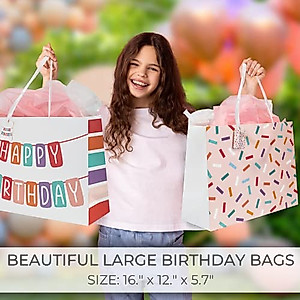 Beautiful Birthday Gift Bags Set of 2 - Large 16" Bags with Handles incl. Matching Tissue Paper, Cards & Stickers - Reusable and Perfect For Presents of Any Girls/Boys Kids Party & Special Occasion