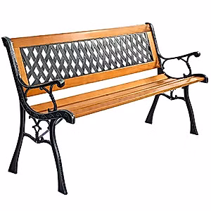 50'' Patio Park Garden Bench, Weather Proof Porch Path Chair, 470 LBS Bearing Capacity Outdoor Furniture with Wood Frame, Rugged Durable Cast Iron Structure