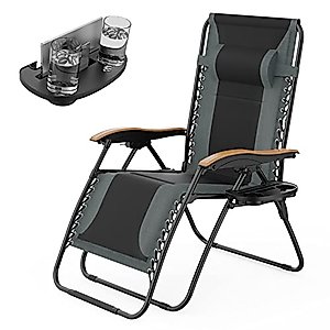 Oversized Zero Gravity Chair with 4 in 1 Cup Holder Padded Headrest Outdoor Adjustable Folding Reclining Patio Chair,350lb Capacity Patio Recliner Lounge Chair for Outside,Camping,Pool（Black+Grey）