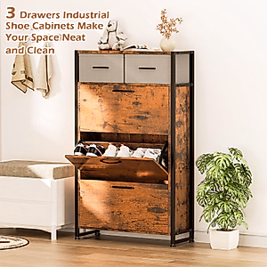 HSSZXFR Narrow Shoe Cabinet for Entryway Slim Shoe Rack Cabinet 3 Drawer Farmhouse Shoe Rack for Closet with Adjustable Shelf, Freestanding Wood Closed Shoe Rack for Home and Apartment