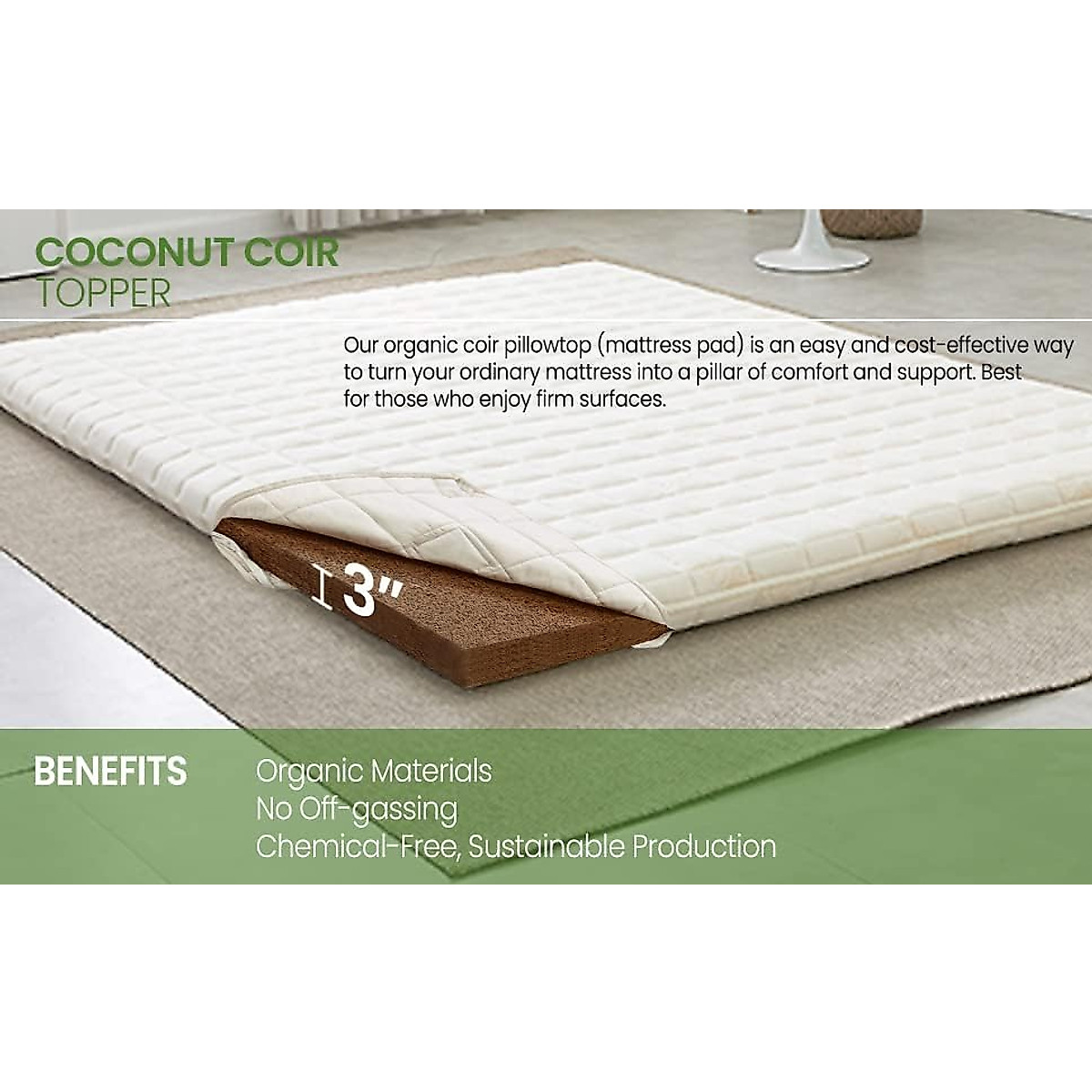 NATURAL LIFE PALMPRING Coconut Coir Mattress 3 Inch, Mattress Topper – Organic Coconut Coir Cotton Wool 3 Inch Pad Pillowtop Firm Bed Comfort Sleep Body Support