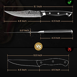 CoquusAid Steak Knives Set of 6, 4.8 Inch Non Serrated Razor-Sharp Durable Dinner knives with Rest, German Stainless Steel Damascus Pattern Full Tang Forged, Rust Resistant & Easy to Maintain