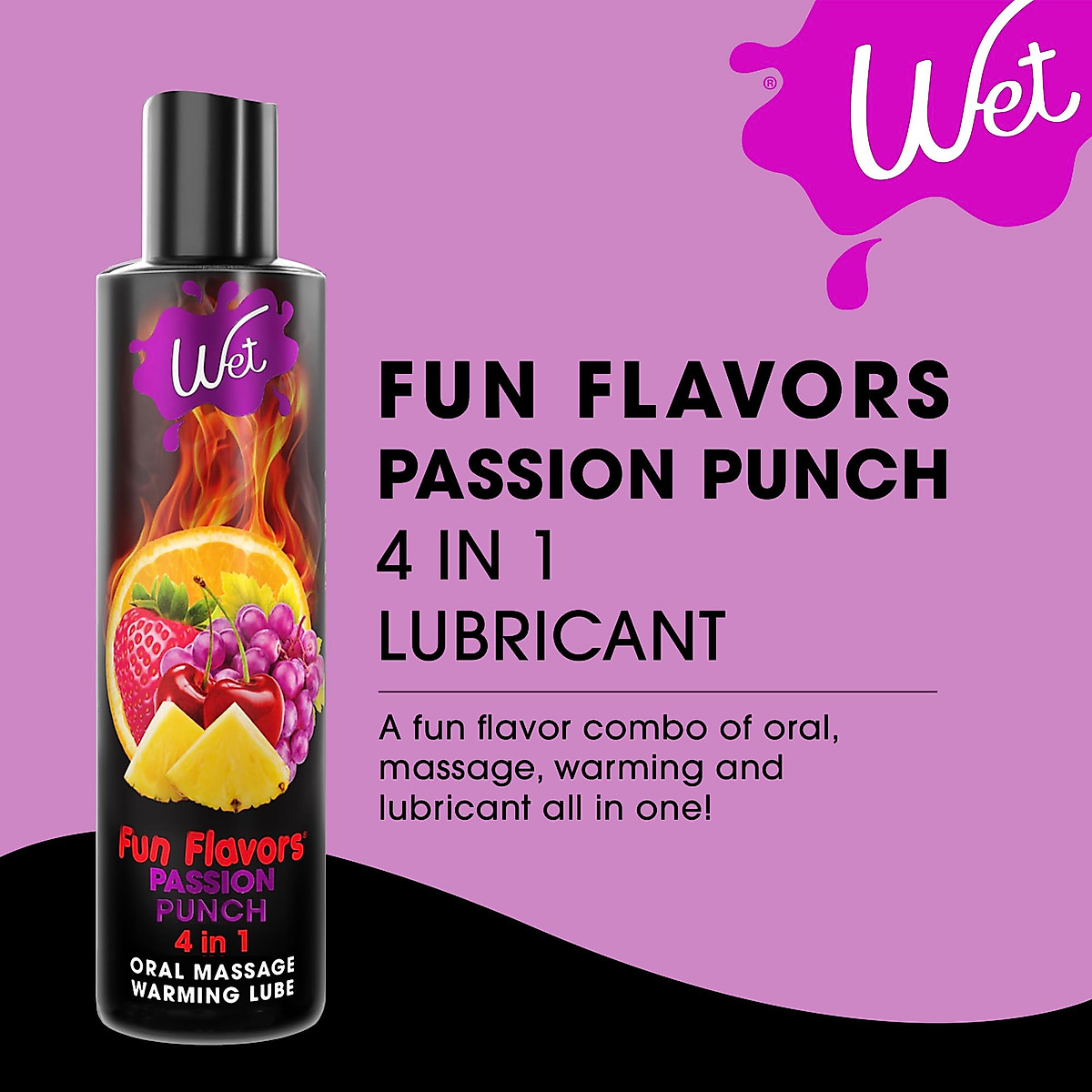 Wet Fun Flavors Passion Punch 4 in 1 Warming Flavored Tasty Lube 3 Fl Oz, Premium Personal Lubricant, Men, Women and Couples, Ideal for Foreplay & Massage, Paraben Free, Gluten, Stain, & Sugar Free