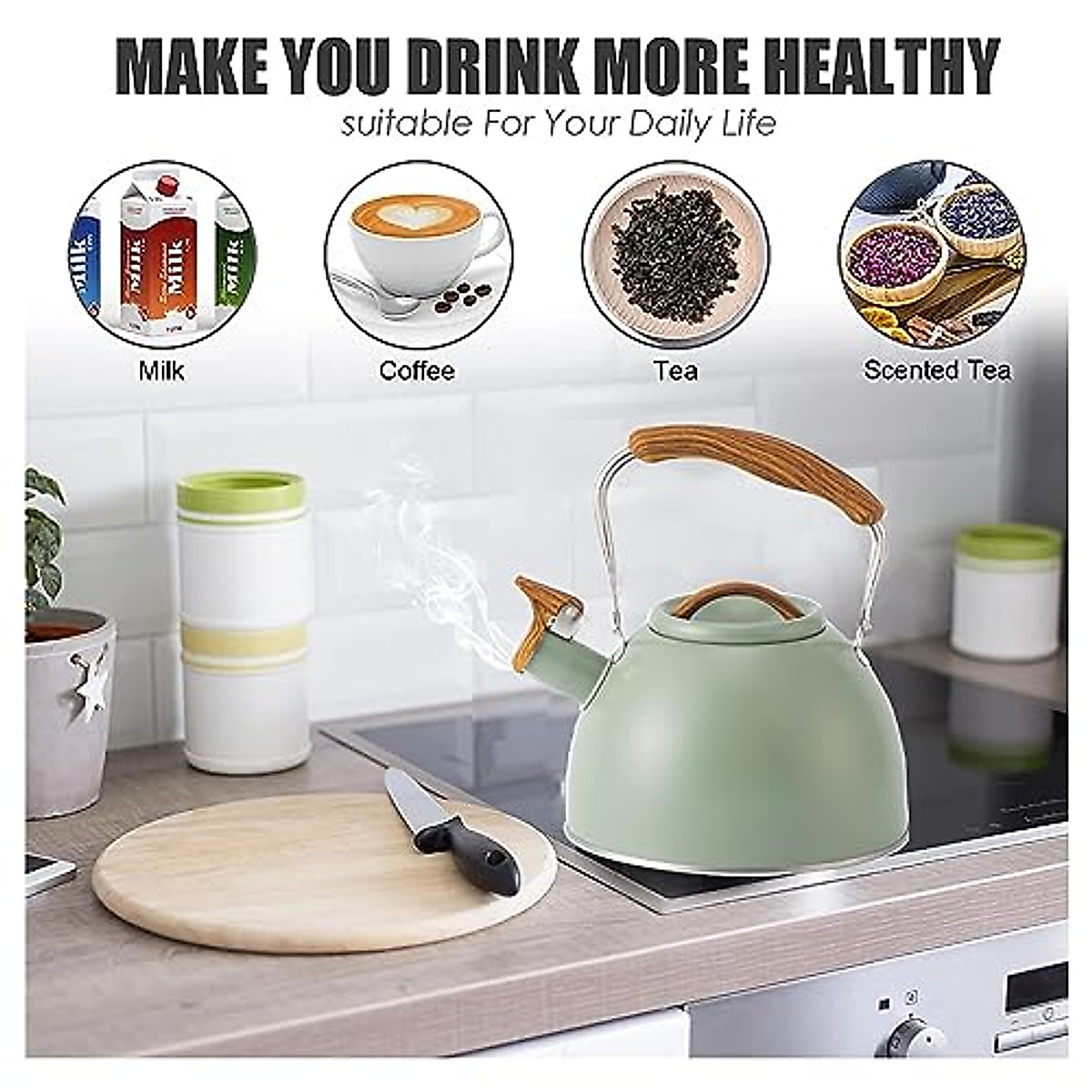 3L Whistling Tea Kettle for Stove Top,Teapot for Stovetop, Wooden Handle for Cool Toch▂20 * 23.5cm/7.78"*9.25"