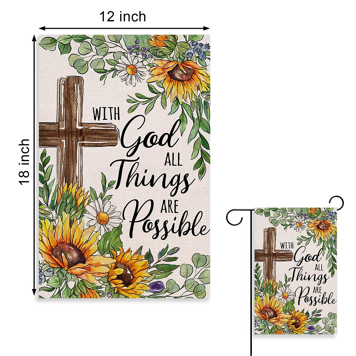 Covido With God All Things Are Possible Religious Spring Summer Easter Decorative Garden Flag, Cross Sunflower Yard Outside Decorations, Inspirational Fall Autumn Outdoor Small Home Decor 12 x 18